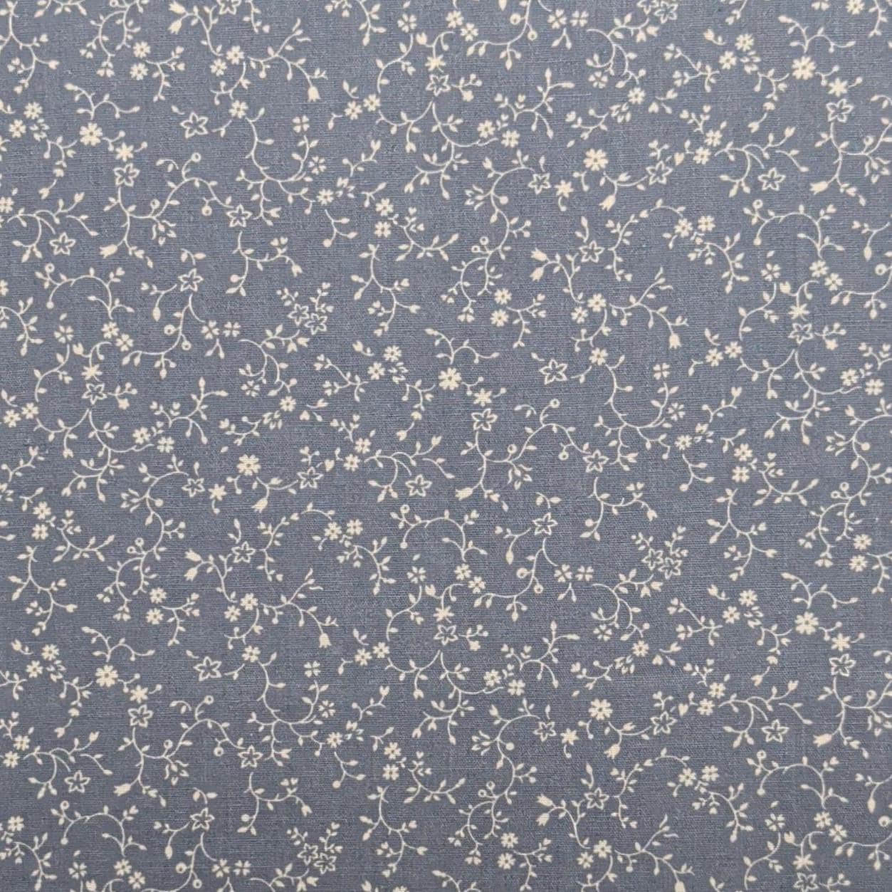Dark Country Blue Fabric / White Flower Vine Print - Selvage to Selvag ...